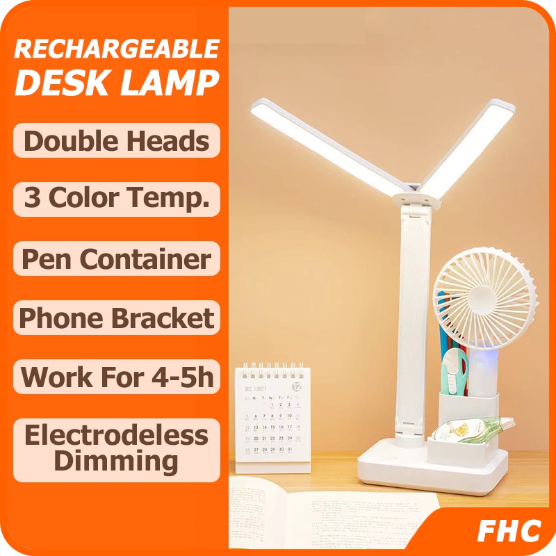 Rechargeable Desk Lamp Double Heads 3 Color Temperatures Study Lamp ...