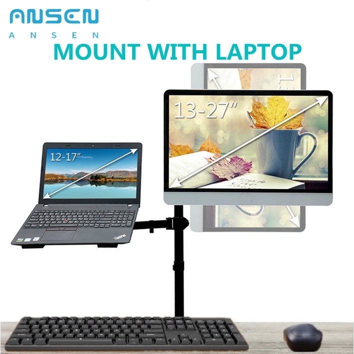ANSEN Dual Monitor Mount Bracket with Laptop Stand Tray Adjustable Arm ...