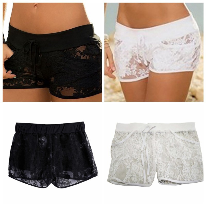 Summer Women Drawstring Shorts Sexy Black Lace Sheer Floral Hollow Out ...