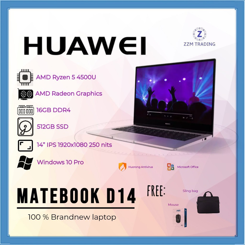 Huawei MateBook D14 2021 model Ryzen R5-4500U 14” 60Hz 250 nits 16GB RAM 512GB SSD | Shopee ...