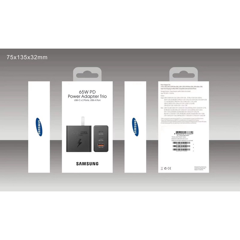 Samsung 65W PD Power Adapter Trio W/C To C Cable(USB-C 2 Ports/ USB A ...