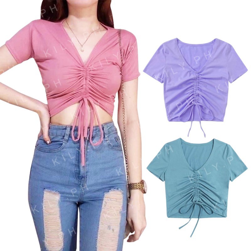 Kily.PH Crop Top Korean Shirt V Shape Blouse Front String Tops 6A0118 ...