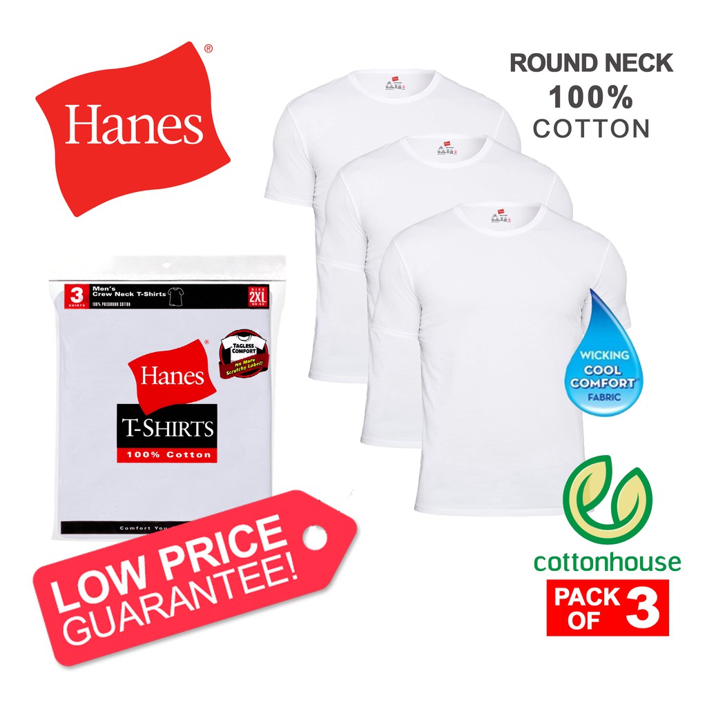 3 pcs Hanes Round Neck 100% Cotton T-Shirt White | Shopee Philippines