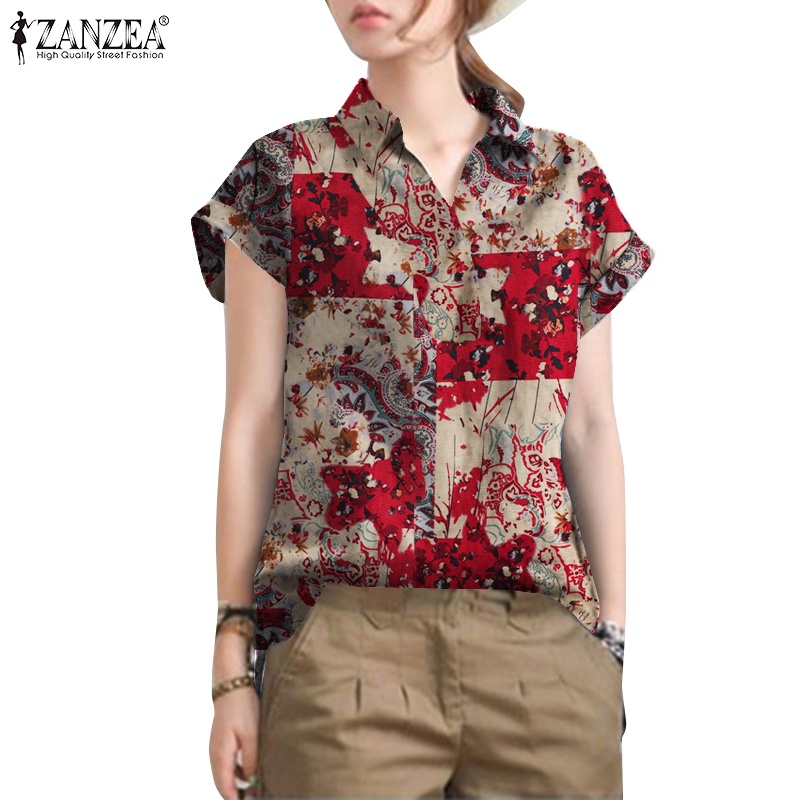 Zanzea Women Summer Short Sleeve Printing Loose Office Casual Blouses
