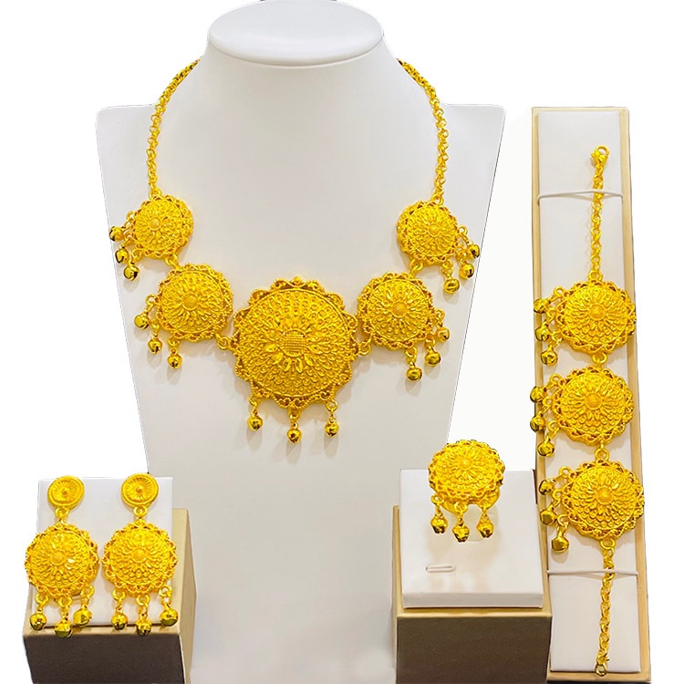 Dubai 24K Gold Jewelry Set Saudi Bridal Necklace Bracelet Earring Ring ...