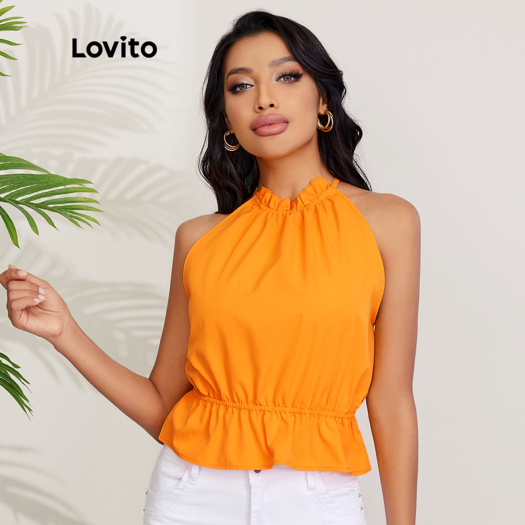 Lovito Elegant Plain Frilled Neck Peplum Tank Top L27LD071 (Orange ...