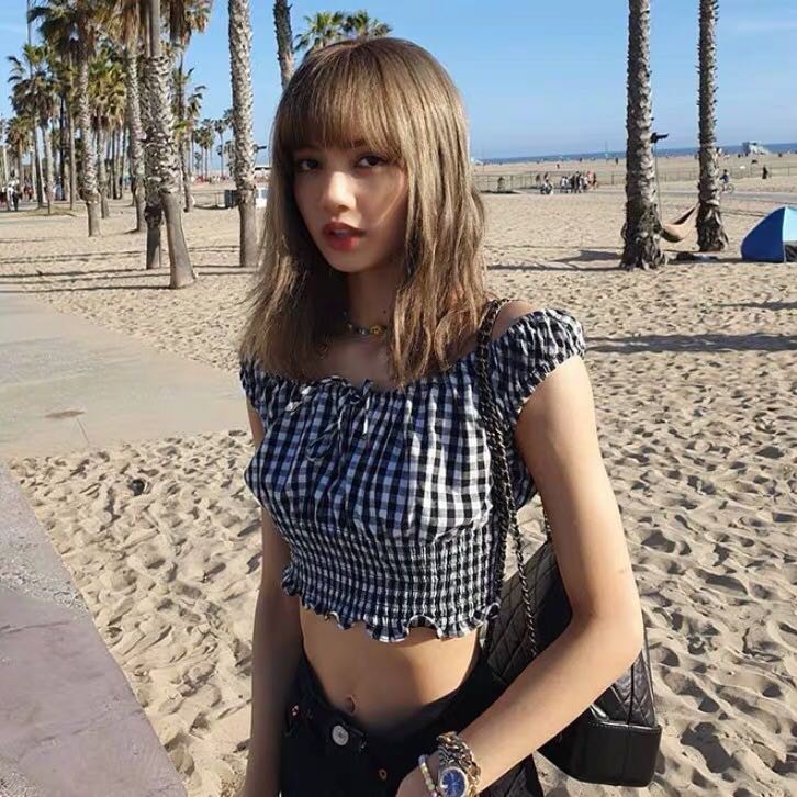 RREADY STOCK Blackpink Lisa retro Plaid Off Shoulder Crop Top Korean ...
