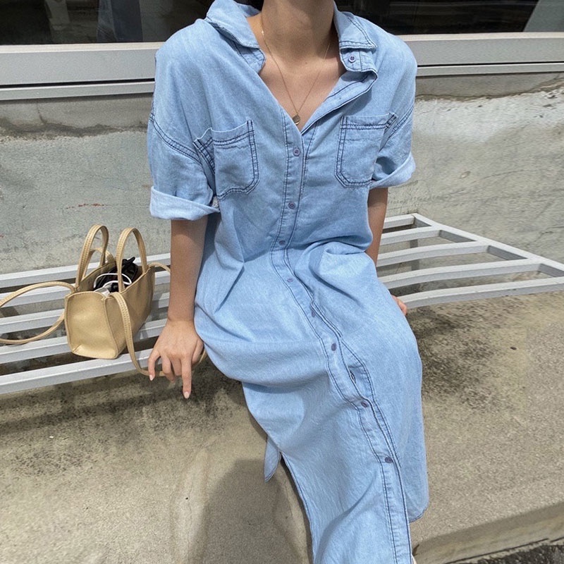 Korea chic Niche Lapel Open Line Design Side Slit Short Sleeve Denim ...