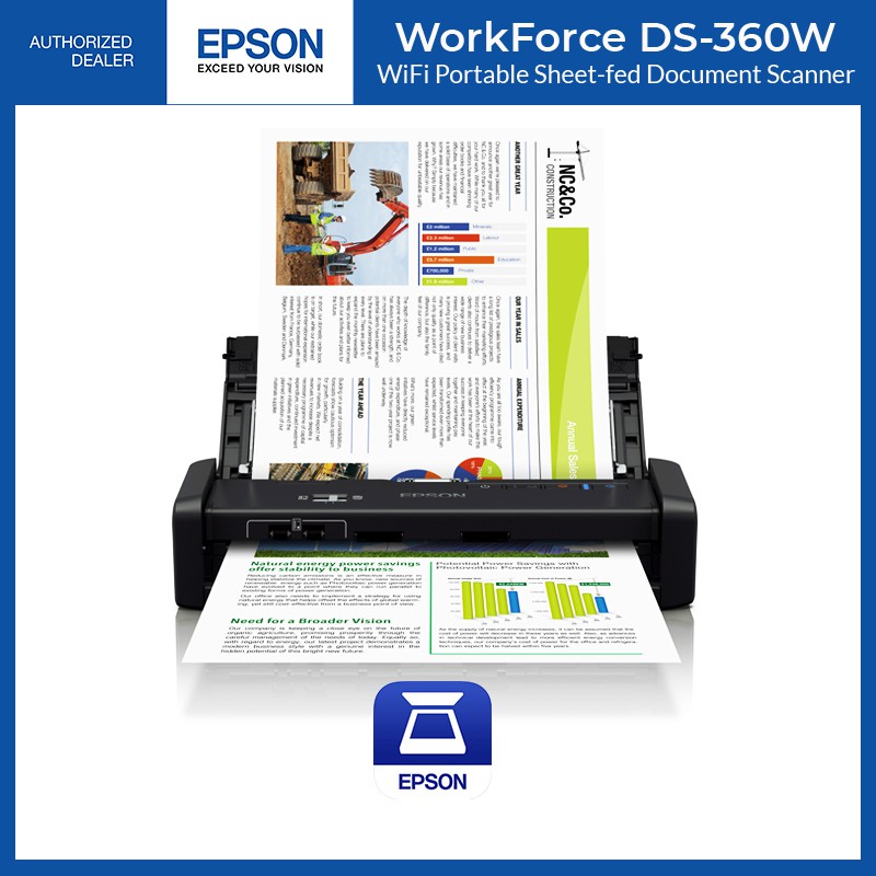 Epson Work Force DS-360W Scanner WiFi Portable Sheet Fed Fast Colored ...