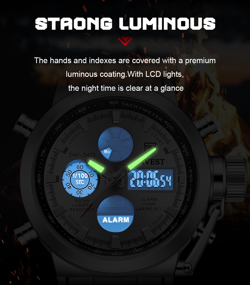 DIVEST Men's Watches Brand Fashion Casual Chrono Quartz LED Digital Original Men Watch Stainless ...