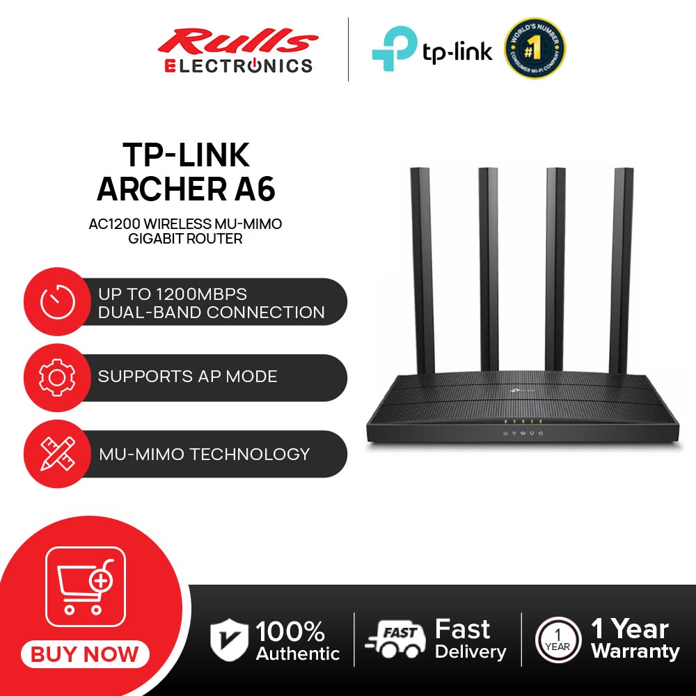 TP-Link Archer A6 AC1200 Wireless MU-MIMO Gigabit Router 2.4GHz & 5GHz ...