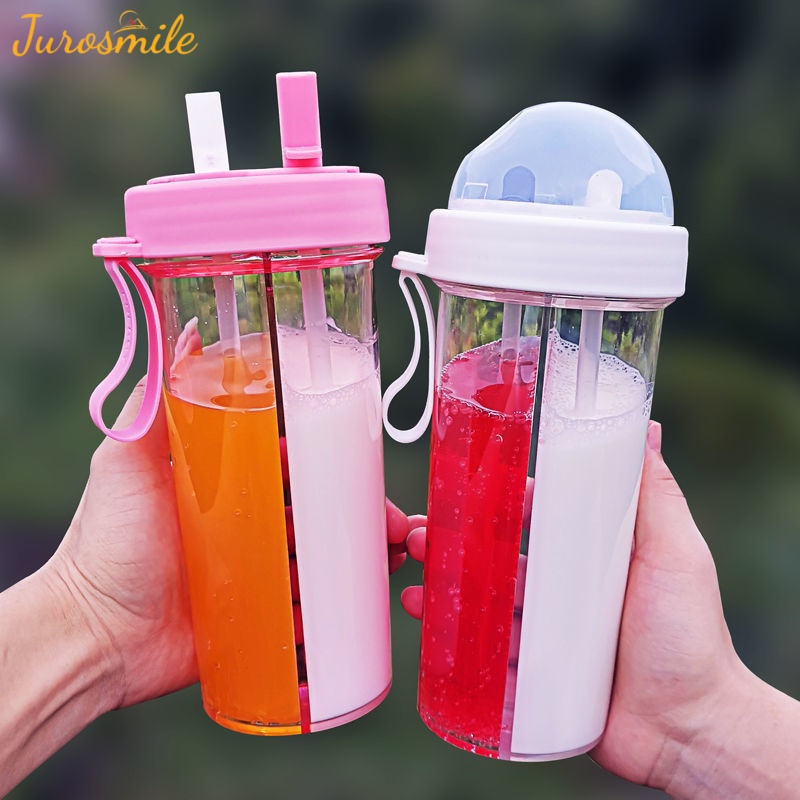 600ml Portable Dual Straw Aquaflask Separate Drink Water Beverage Bottle Couples Gift Double ...