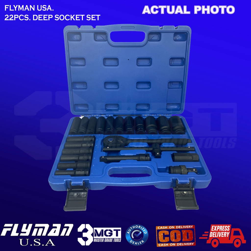 Original Flyman 22 Pcs. Deep Impact Socket Wrench Set 1/2" Drive 6 Points BLACK FINISH | Shopee ...