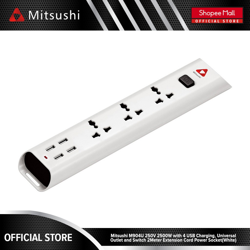 Mitsushi M904u 250v 2500w With 4usb Charging Universal Outlet Switch 2m Extension Cord Power
