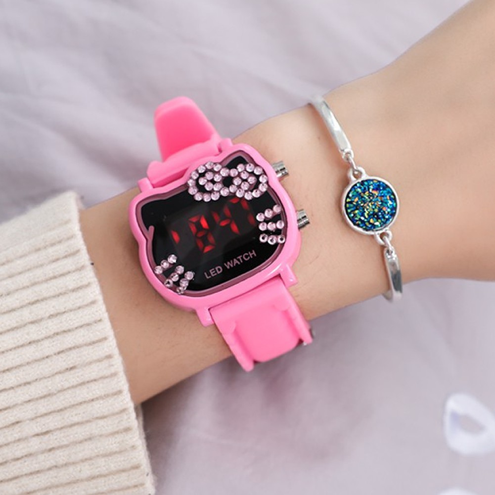 Kids Watch Hello Kitty Cute Cat LED Digital Silicone Rubber Strap LED ...