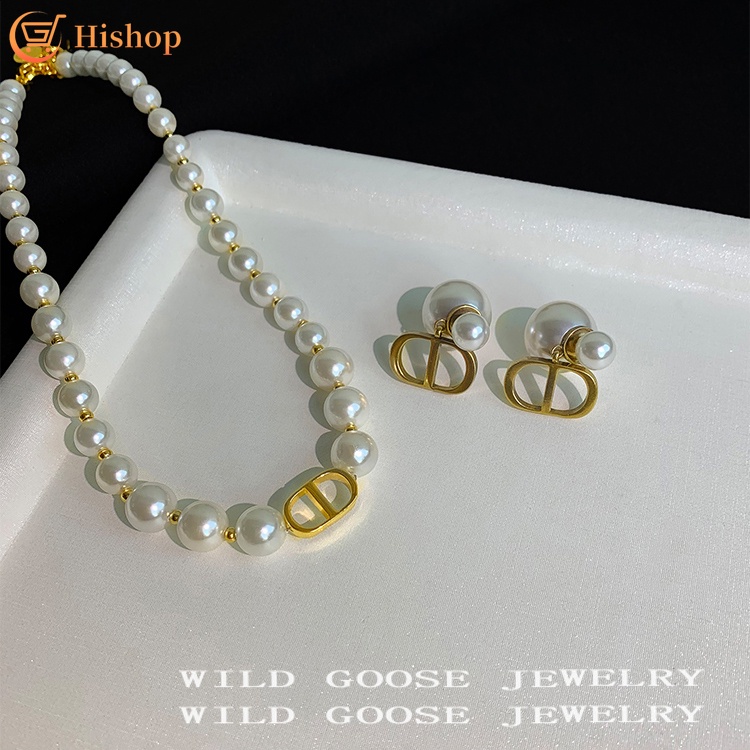 Fashion Elegant Pearl Beads Necklace Earrings for Women Gold CD Ring ...