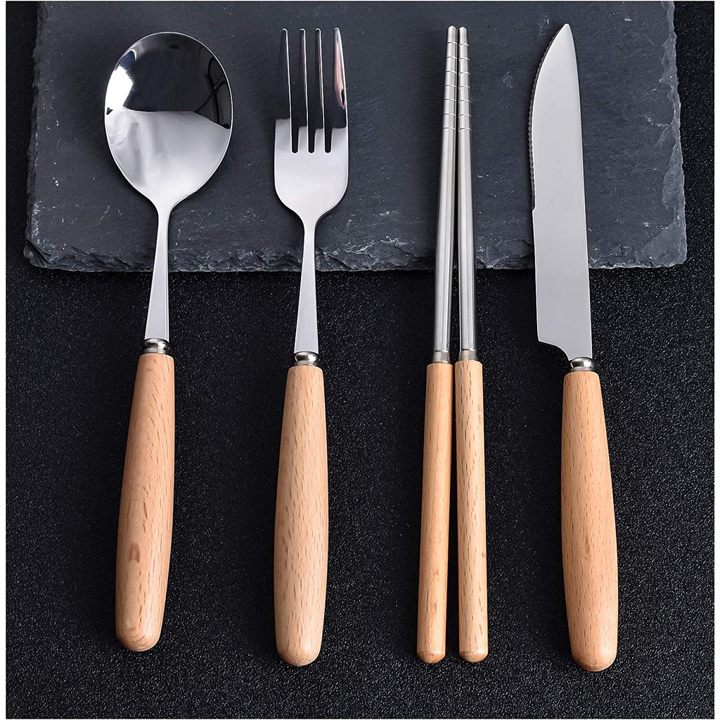 Wood Stainless Steel Cutlery Wooden Handle Flatware Set Knife Fork ...