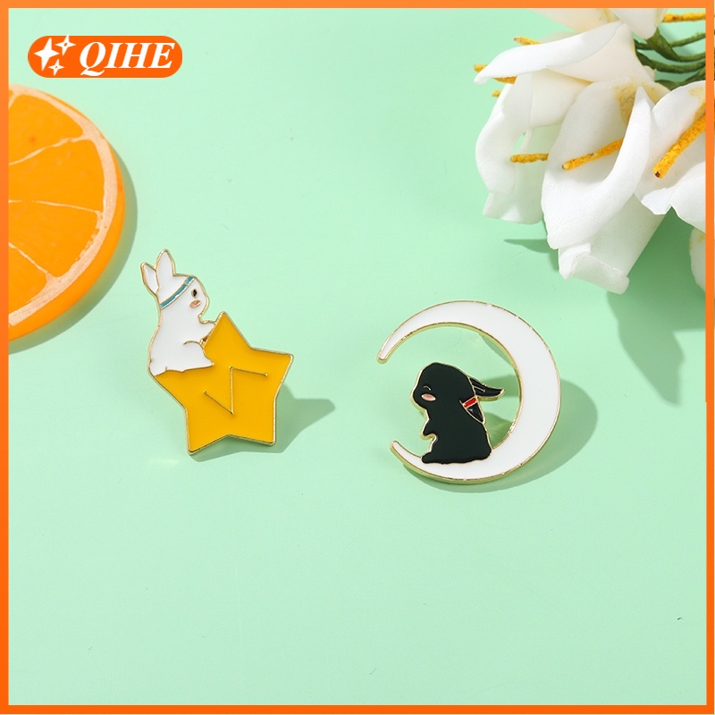 White Rabbit Star Enamel Lapel Pins Black Rabbit Moon Badge Brooches ...