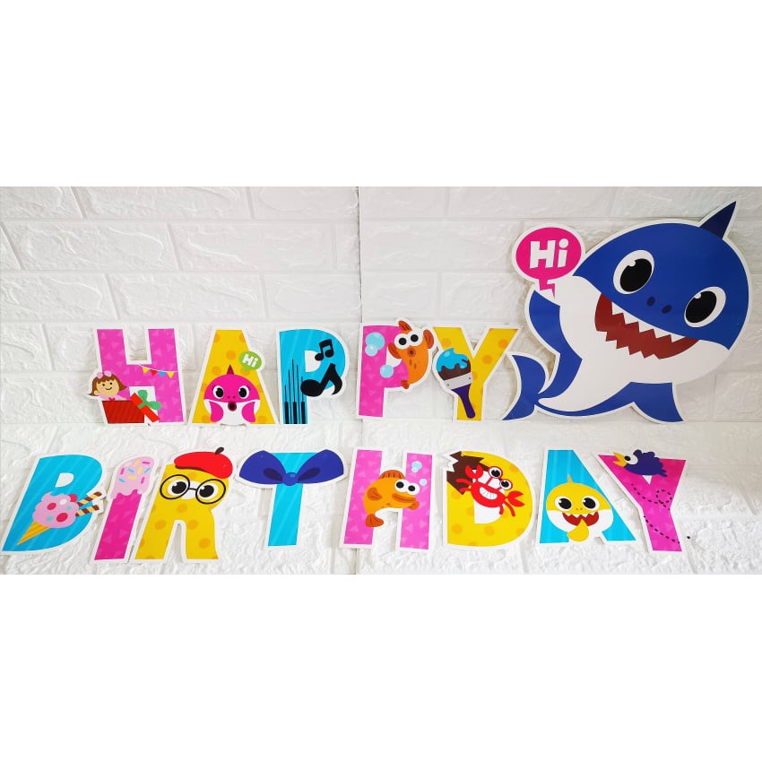 Blue Baby Shark Happy Birthday Banner Banderitas Party Decor | Shopee ...