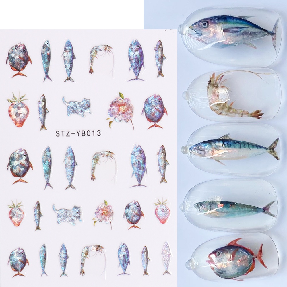 3D Holographic Fish Nail Stickers Laser Sea Animals Design Cute Cat ...