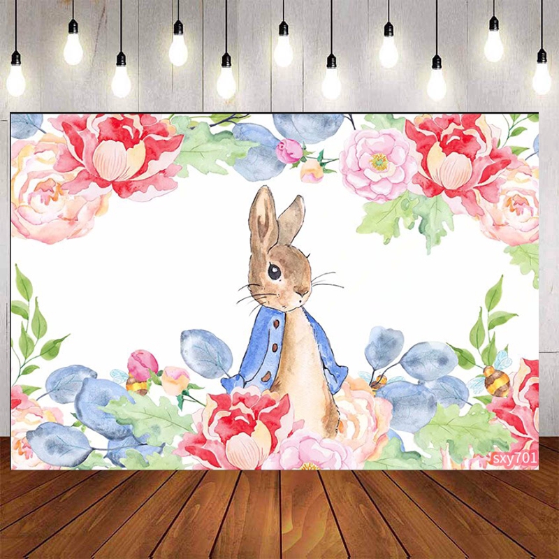 Peter Rabbit Birthday Backdrop Cartoon Cute Bunny Pink Blue Flowers ...