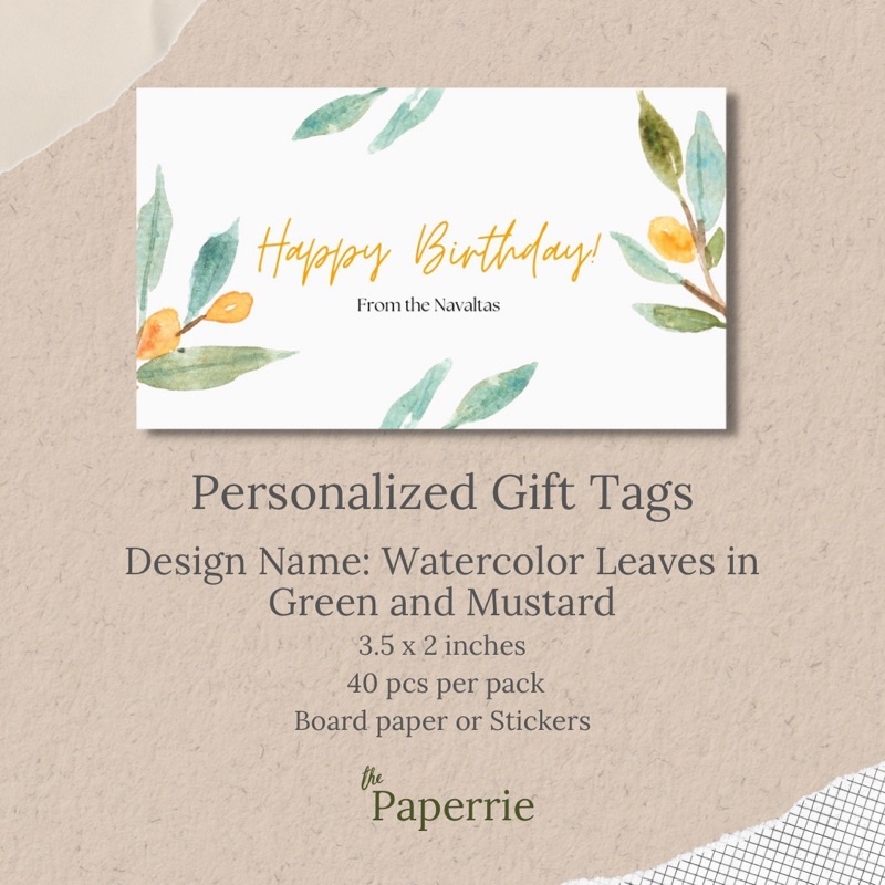 Personalized Gift Tags or Note Cards in Watercolor Leaves in Green and ...