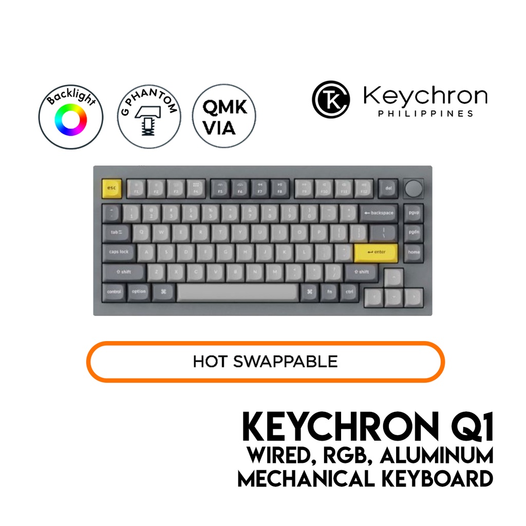 Keychron Q1 Knob QMK Mechanical Keyboard (Silver Grey, 75%, Wired, RGB, Aluminum, HotSwap, QMK ...