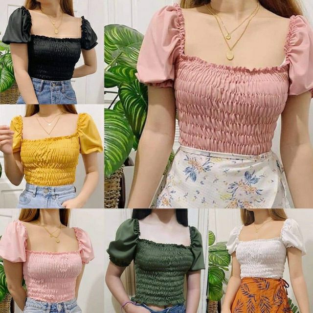 Millenial Puff Shoulder Smocking Top Off Shoulder Tops Smocked Crop Top ...