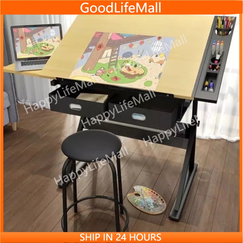 [COD]Adjustable height tilting drafting table with drawers stool pen ...
