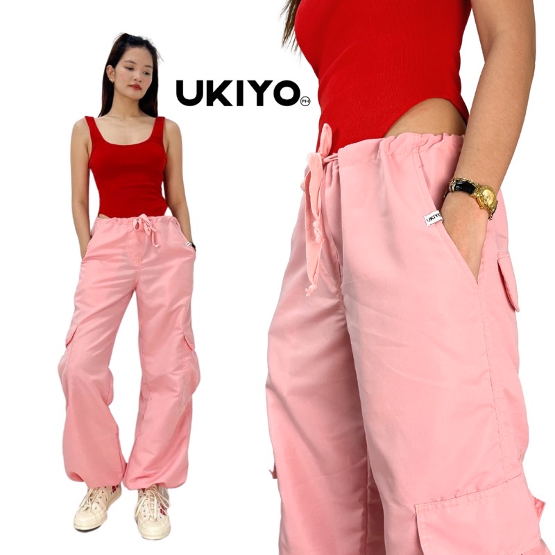 KIRO Unisex String Parachute Cargo Pants Baggy Style by UKIYO (Pink ...