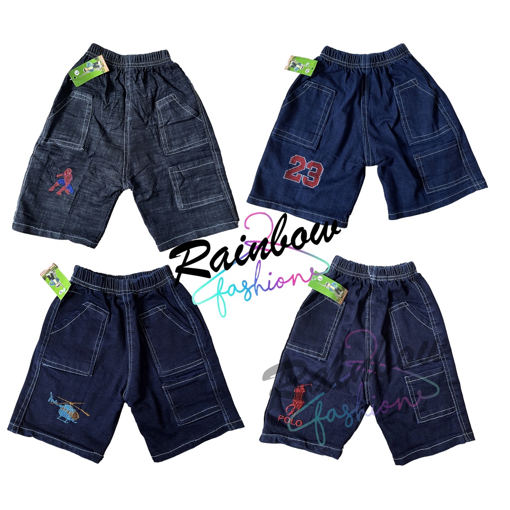 Rainbow Fashion- Boys KID Maong SHORT Garterized Random CLR/LOGO with ...