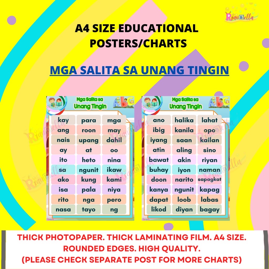 TAGALOG PAGBASA MGA SALITA SA UNANG TINGIN 2 CHARTS BUNDLE presyo ₱80