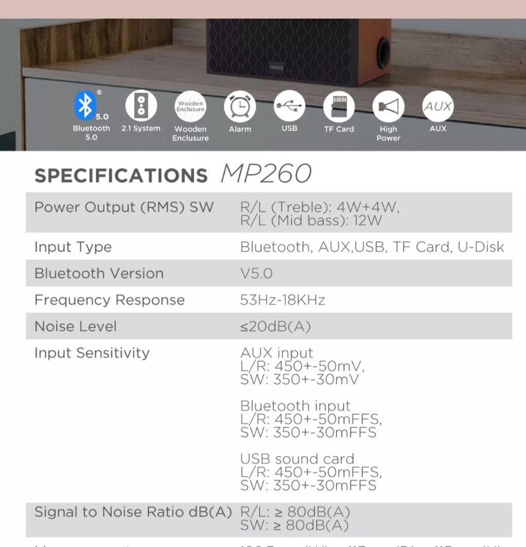 Edifier MP260 Wireless Bluetooth V5.0 Subwoofer Stereo Wooden Portable ...