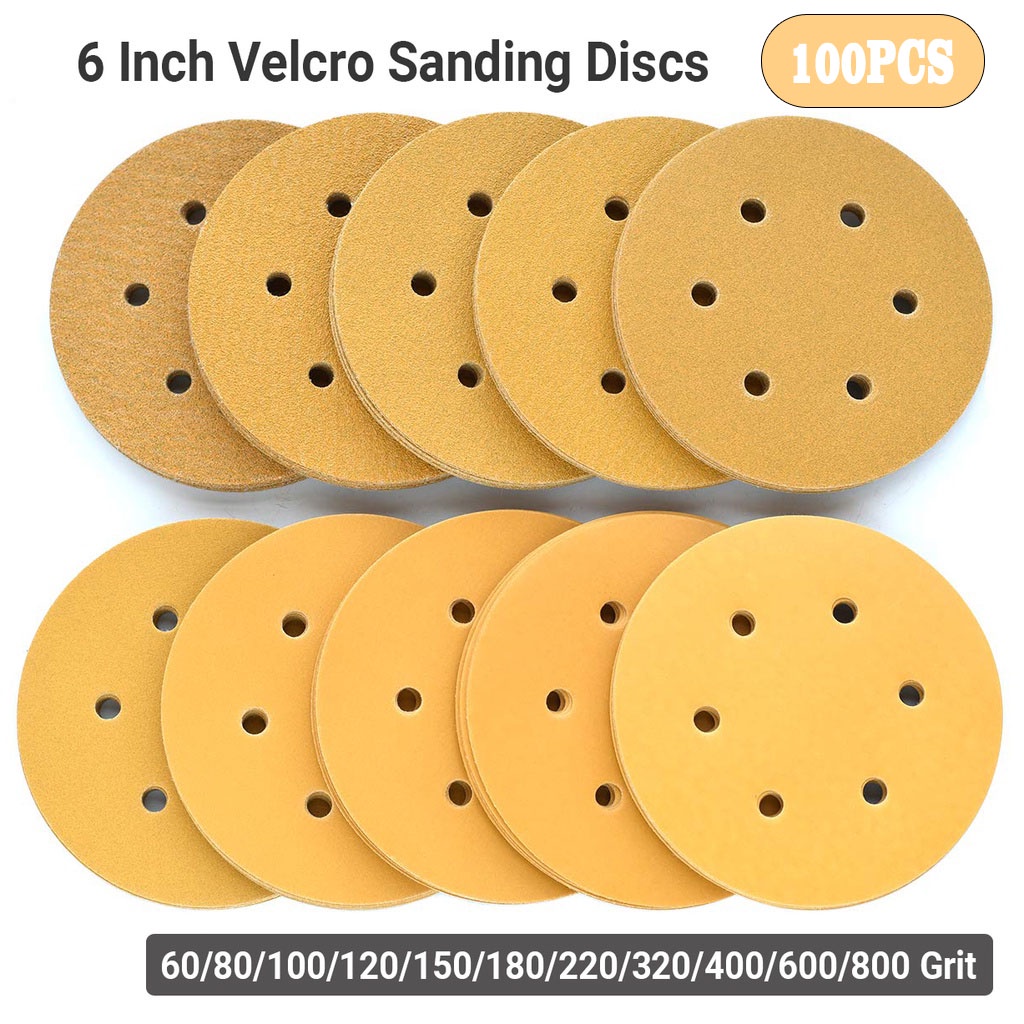 100Pcs 6" Gold Hook & Loop 6-Hole Velcro Sanding Discs Yellow, Orbital ...