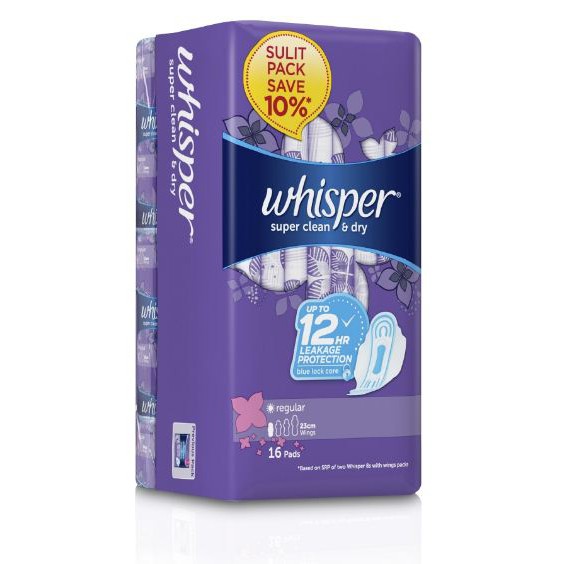 Whisper Super Clean & Dry Regular Flow 16 Pads (23cm) With Wings ...