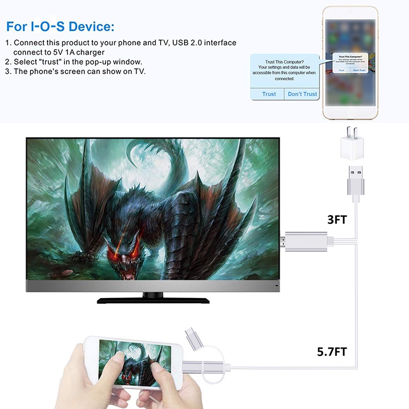 HDMI Cable Phone to TV, 3 in 1 Multiport Adapter to HDMI Cable ...