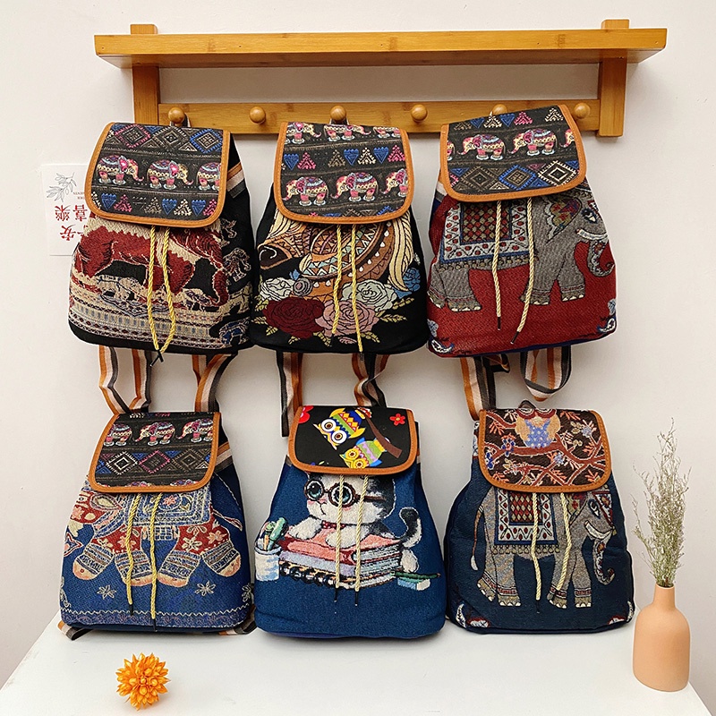 BP001 Canvas Backpack embroided cloth knitted bag bucket female school ...