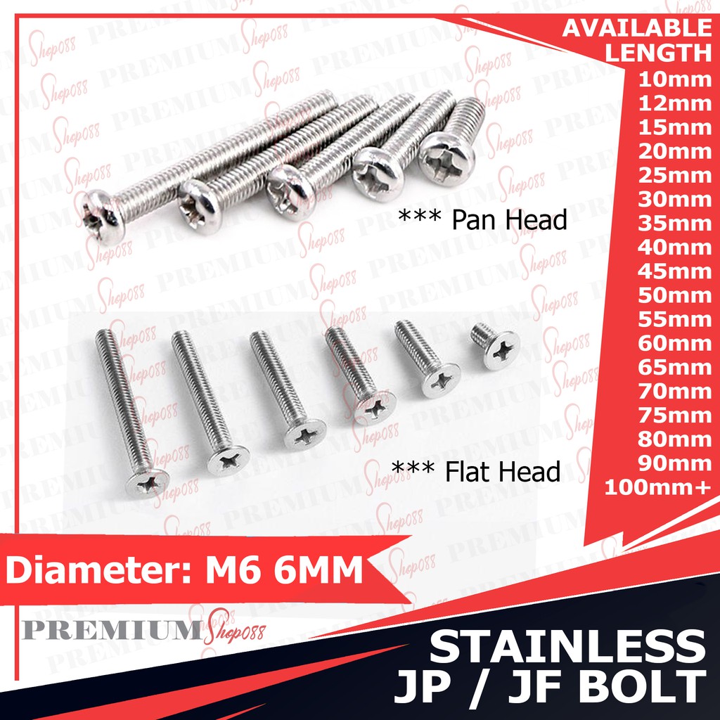 M6 6MM Stainless Flat Head Pan Head Bolt JF JP SS Phillips Bolts ...
