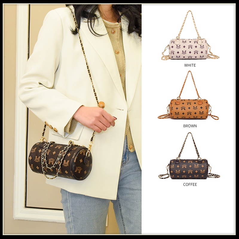 #M004 PU Leather Barrel Bag with Fashion Strap Practical Storage (White ...