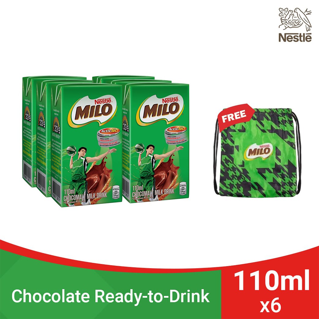 MILO Ready-to-Drink 110ml - Pack of 6 with Free Drawstring Bag | Shopee ...
