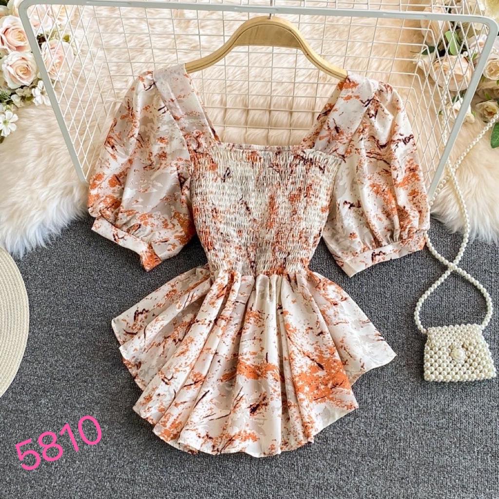 LOVE.Boutique square neck floral smocked TOP sexy outwear women casual ...