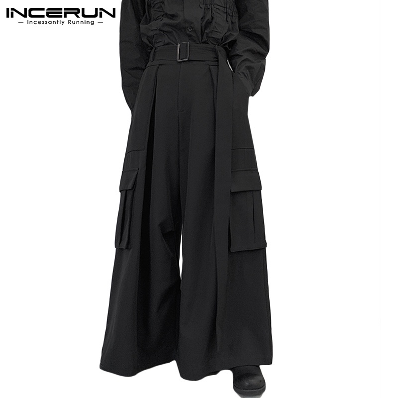 INCERUN Men Black Fashion Casual With Long Belt Loose Wide Leg Long ...