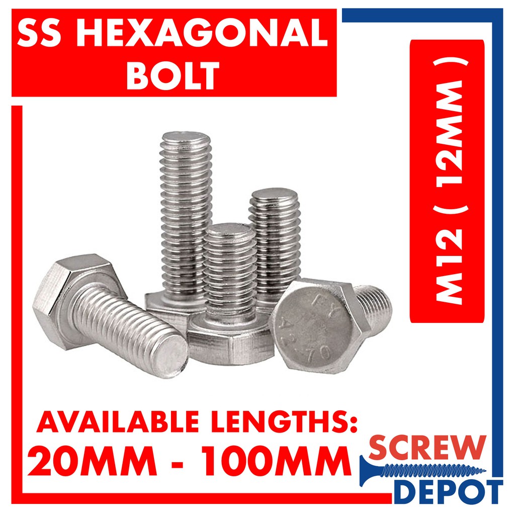 10PCS M12 ( 12MM ) SS Hex Bolt / Capscrew / Stainless Hexagonal Cap ...