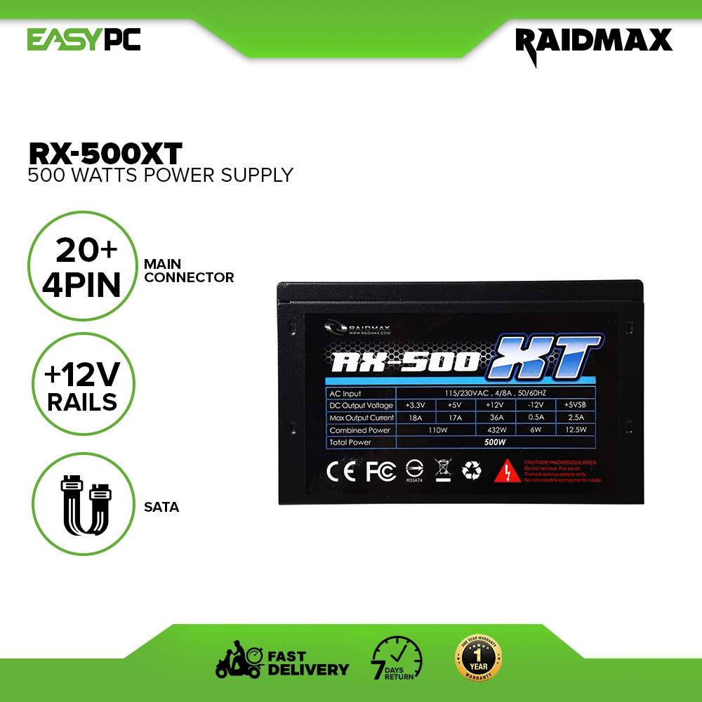 EasyPC | Raidmax RX-500XT Power Supply 500w, Brand New XT Series power ...