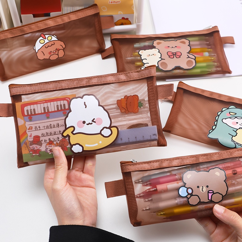 Cartoon Transparent Mesh Pencil Case with Zipper Large-Capacity Cute ...