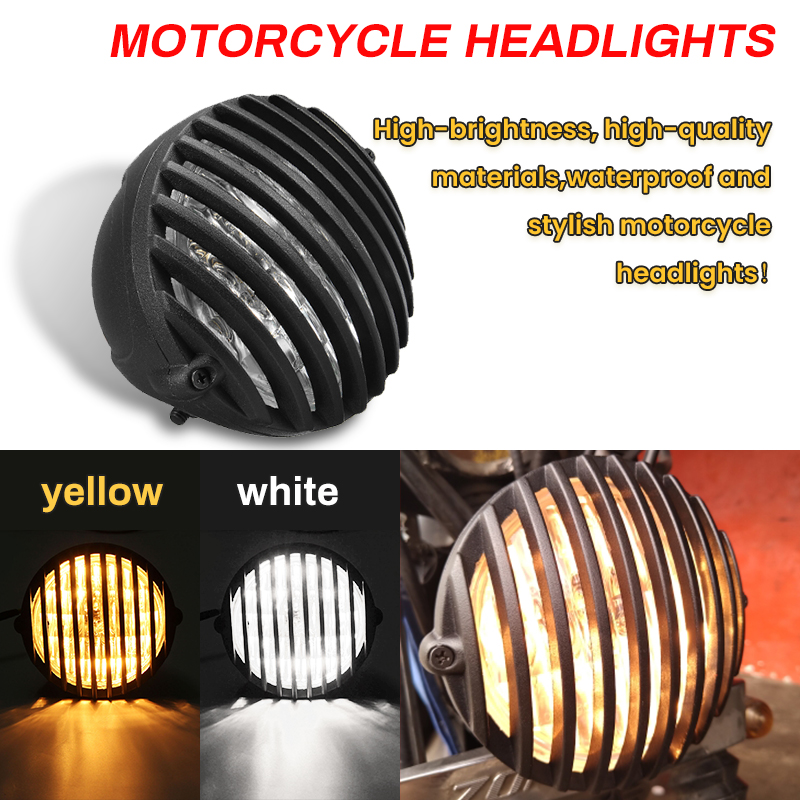 Grill Motorcycle Headlight White/Yellow 4.5" Cover headlight Cafe Racer ...