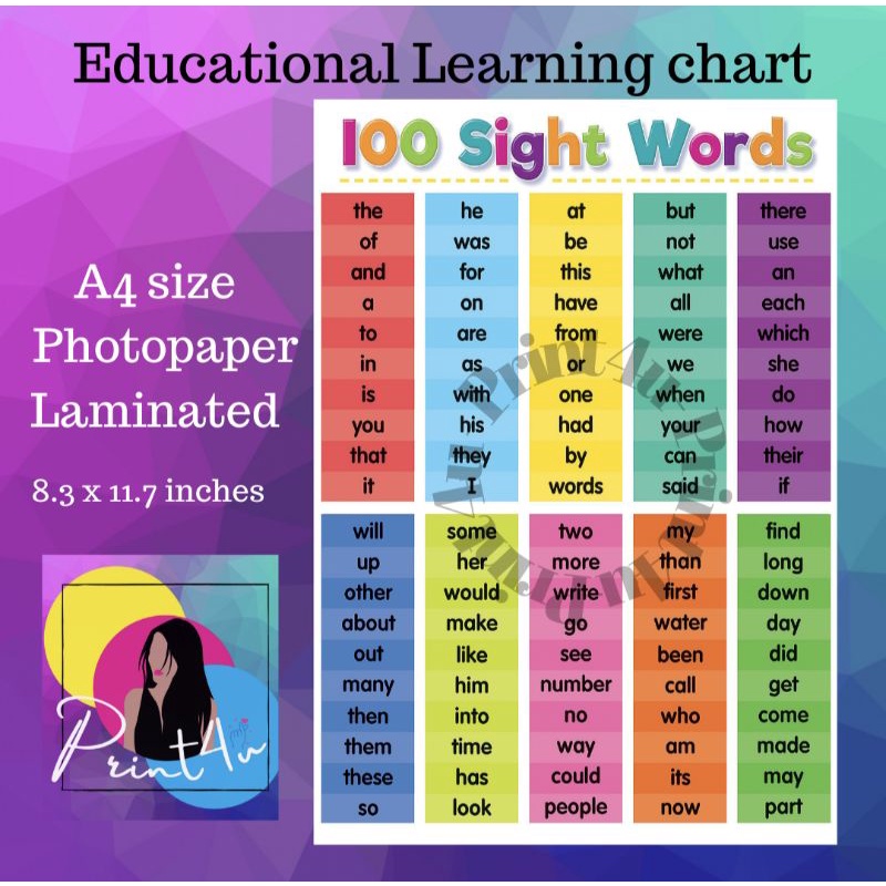 Sight words Kids laminated chart educational learning materials ...