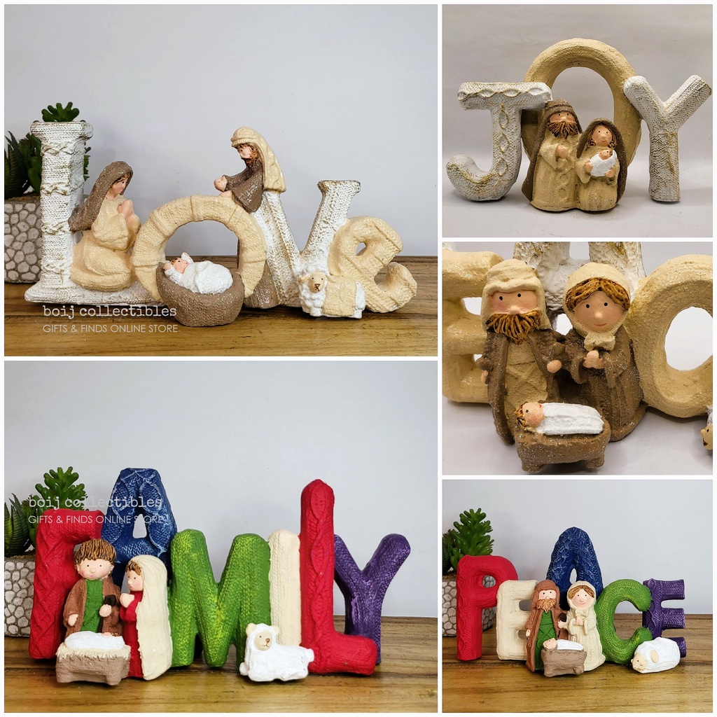 LOVE JOY PEACE FAMILY Nativity / Holy Family Tabletop Resin Figurines ...