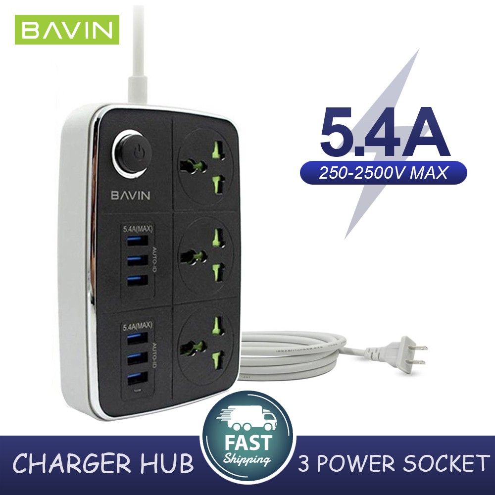 BAVIN 5.4A 6 Universal USB Port Charger HUB w/ 3 Power Socket | Shopee ...