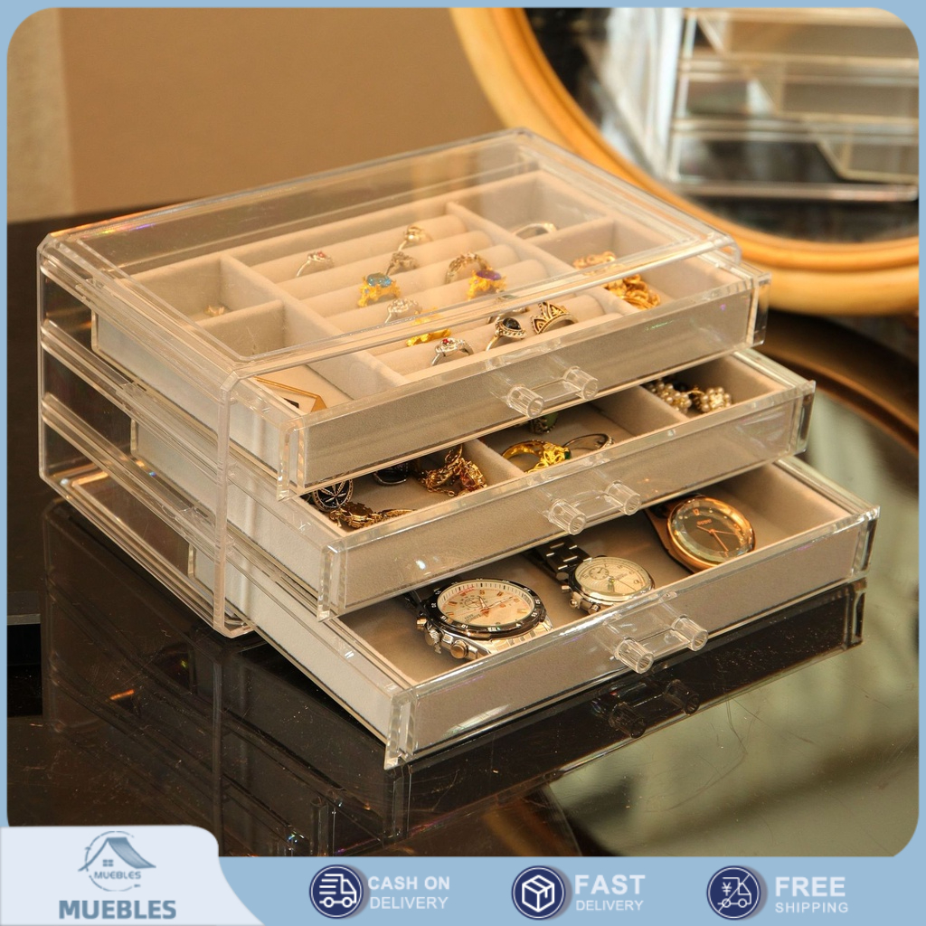 Acrylic Jewelry Box Three-layer Drawer Velvet Tray Jewelry Storage Box ...